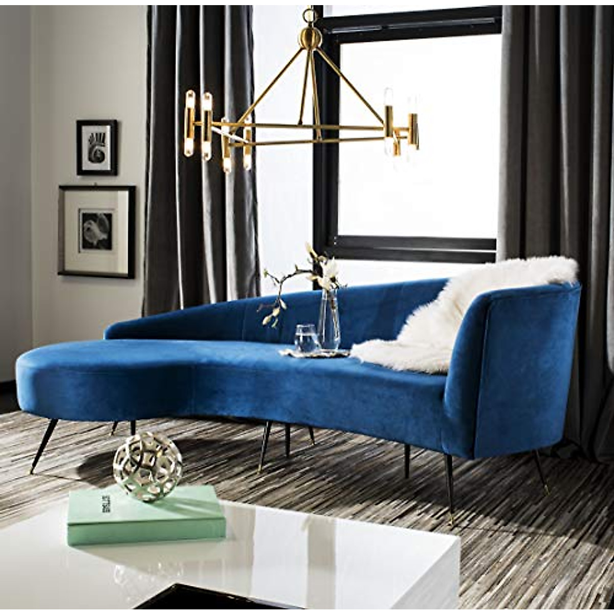 Safavieh Couture Home Evangeline Modern Glam Navy Velvet and Black Parisian Sofa