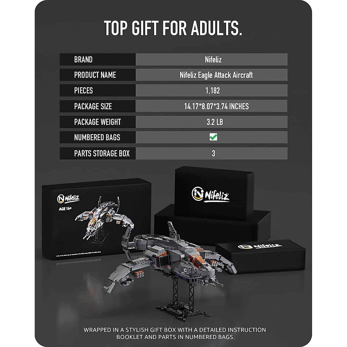 Nifeliz Eagle Attack Aircraft, Fighter Plane Model Toy, Military Building Set for Adult Gift Giving (1,182 Pieces)