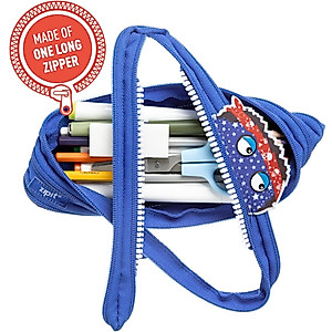 ZIPIT Monstar Pencil Case for Boys, Holds Up to 30 Pens, Machine Washable, Made of One Long Zipper! (Blue)