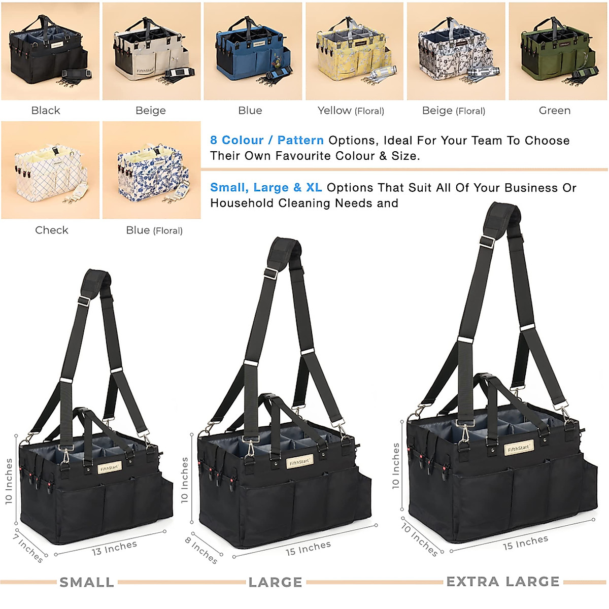 FifthStart Wearable Cleaning Caddy, A Cleaning Supplies Organizer With 4 Corner Shoulder Strap & Removable Waist Strap. Professional Cleaning Caddy Organizer With Handle: (Black, X-Large)