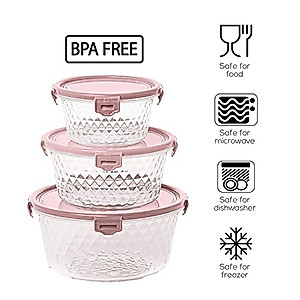 Plasvale Food Storage Plastic Containers Set of Crystal Line - 6 Pieces - Microwave, Freezer and Dishwasher Safe - BPA Free (Rose)