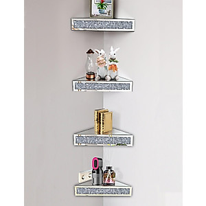 Mirrored Floating Conner Shelf, Silver Mirror Crushed Diamond Decorative Wall Shelf for Home Decoration Crystal Diamond Wall Art Decor Accent Piece Showcase 16.1" L×16.1" W×4.3" H, Set of 2