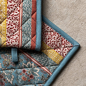 Maison d' Hermine Oven Mitt & Pot Holder 100% Cotton Set of Heat Resistant Oven Gloves (7.5"x13") & Hot Pads (8"x8"), BBQ, Cooking, Baking, Grilling, Marquise - Spring/Summer