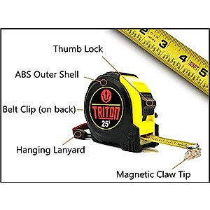 Triton - 6 Pack - 25 ft Tape Measures - Easy to Read Fractions to 1/8th inch - Magnetic Claw Tip - Thumb and Quick Lock - Autowind - Belt Clip