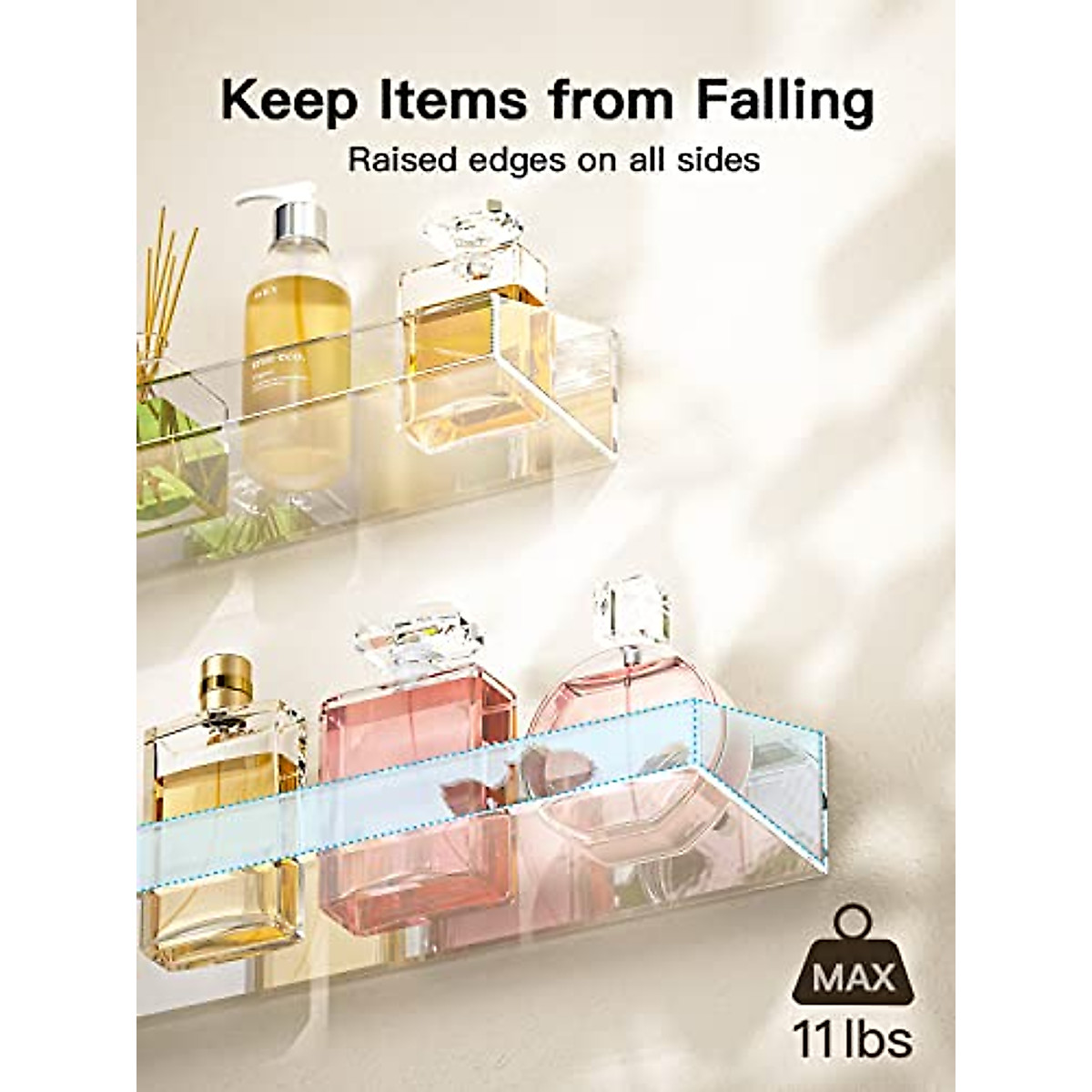 AMADA HOMEFURNISHING Acrylic Shelves, Floating Shelves with Mounting Hardware & Raised Edges, Clear Shelves for Pops, Kids' Books, Makeup, Collection Display & Organization, Set of 4, AMFS28