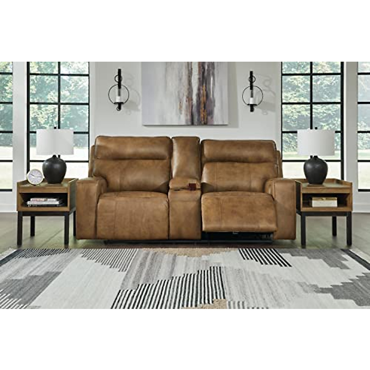 Signature Design by Ashley Game Plan Contemporary Tufted Leather Power Reclining Loveseat with Console and Adjustable Headrest, Light Brown