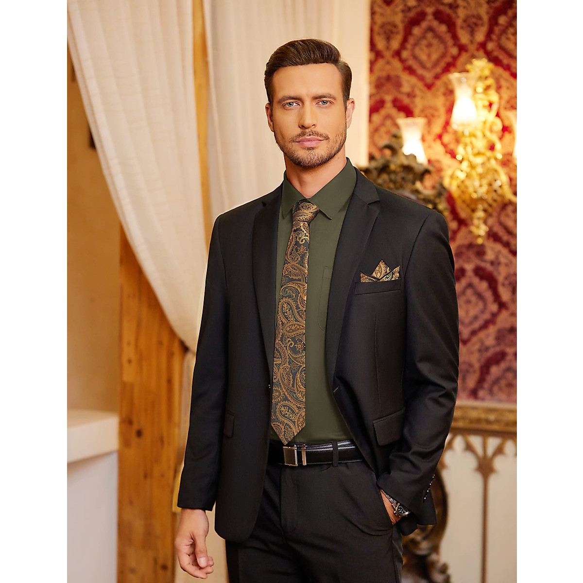 COOFANDY Men's Dress Shirt Wrinkle Free Dress Shirts with Matching Tie Army Green