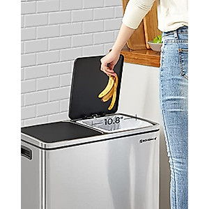 SONGMICS Trash Can, 2 x 6.3-Gallon (2 x 24L) Dual Garbage Can, Pedal Recycle Bin with Lids and Inner Buckets for Small Kitchens, Stainless Steel, Soft Closure, Airtight, Silver ULTB48NL