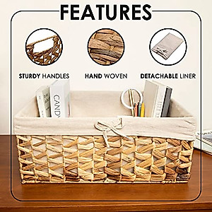 Natural Hyacinth Wicker Storage Baskets, Set Of 3 Hand Woven Water Hyacinth Baskets for Living Room, Organizing Decorative, Woven Basket Organizer Bins with Detachable Lining, Large Medium Small