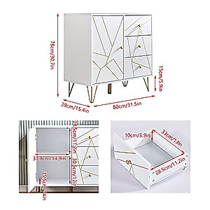 White Modern Kitchen Storage Cabinet Cupboard with Golden Line, Buffet Console Table Cupboard with 1 Door and 3 Drawers for Living Room Dining Room Entry Hallway, Credenza Sideboard Buffet Organizer