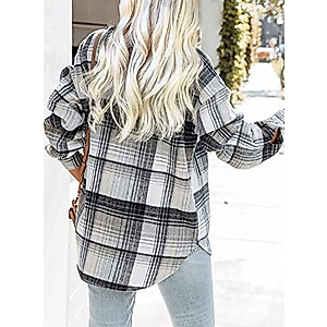 Womens Casual Plaid Shacket Flannel Button Down Long Sleeve Shirt Fall Jacket Shackets 6059 A-Grey Large