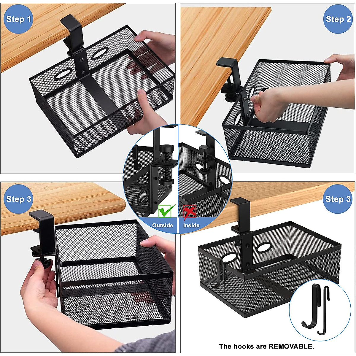 HAMOPY Under Desk Drawer Organizer, Clamp-on No Drill Under Desk Storage Drawers with 2 Cable Holes, 360° Rotatable Hidden Desk Must Haves for Home and Office Accessories