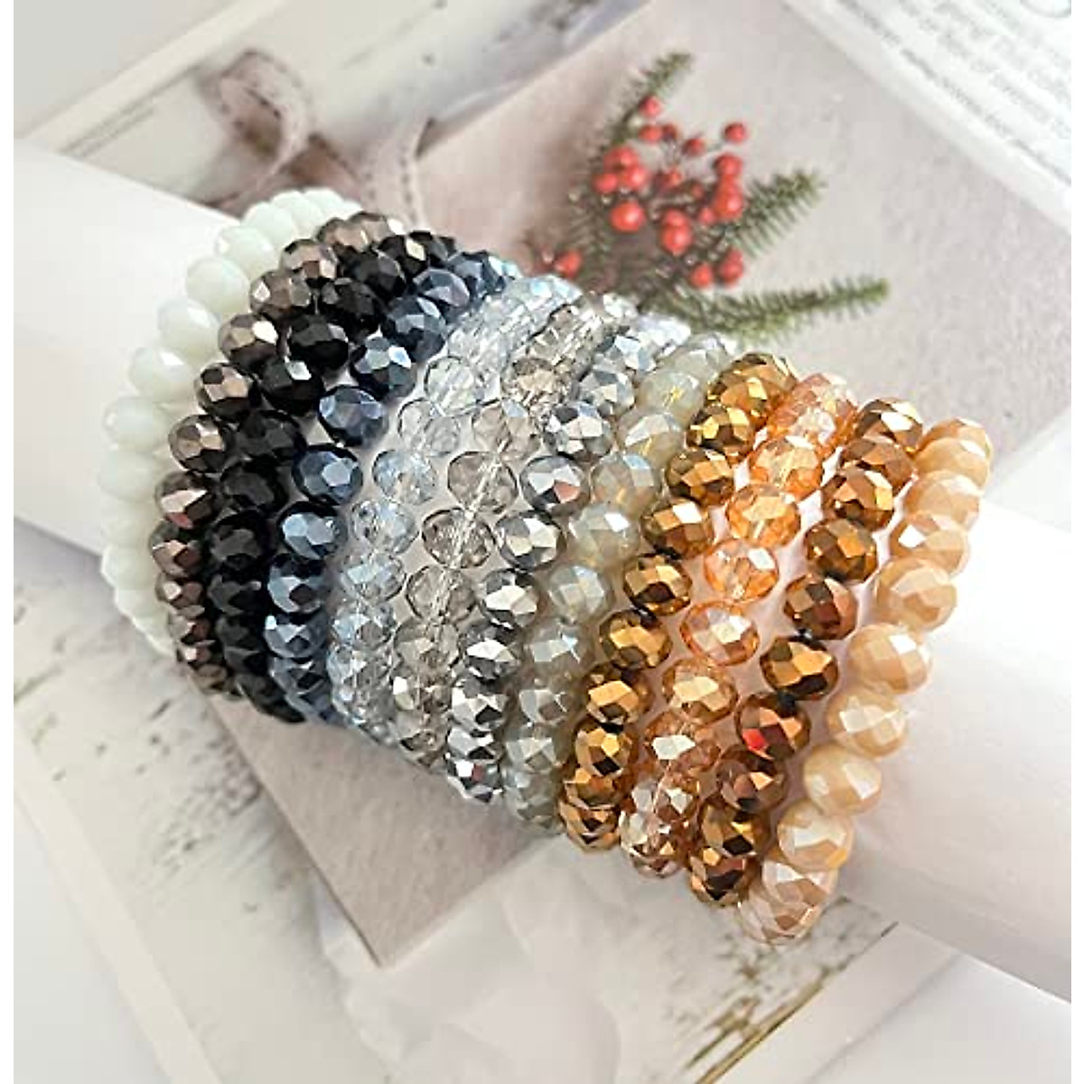 WAINIS 24PCS Bohemian Multi-Layer Crystal Beaded Stacking Bracelet For Women Versatile Stretch Strand Statement Wrap Stackable Shiny Crystal Bead Bracelets Pack
