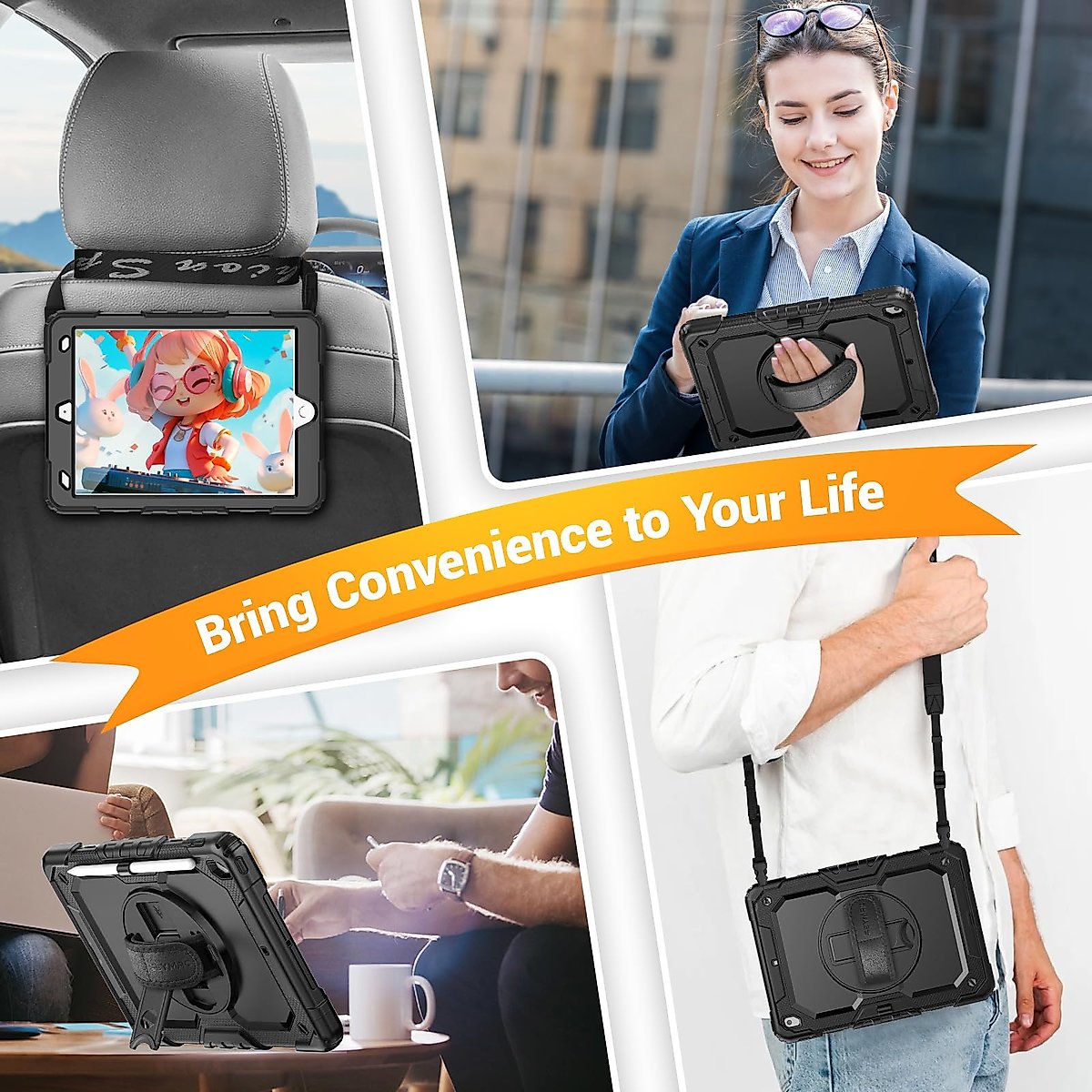 SEYMAC Case for iPad 9th/8th/7th Generation Case 10.2" 2021-2019, Full-Body Shockproof Heavy Duty Protective Case with Screen Protector, 360° Rotating Stand/Handle/Shoulder Strap for iPad 10.2, Black