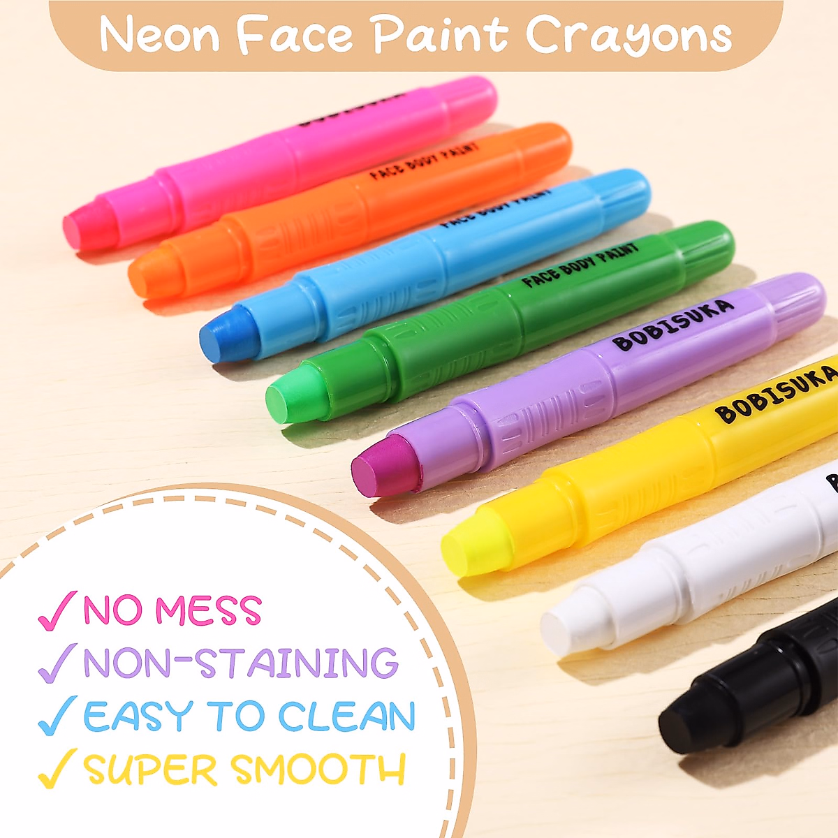 BOBISUKA Glow in The Black Light Face Body Paint Stick Kit with Temporary Tattoo Stickers, 8 Color UV Neon Face Painting Crayon Set for Art Theater Halloween Party Cosplay Clown SFX Makeup