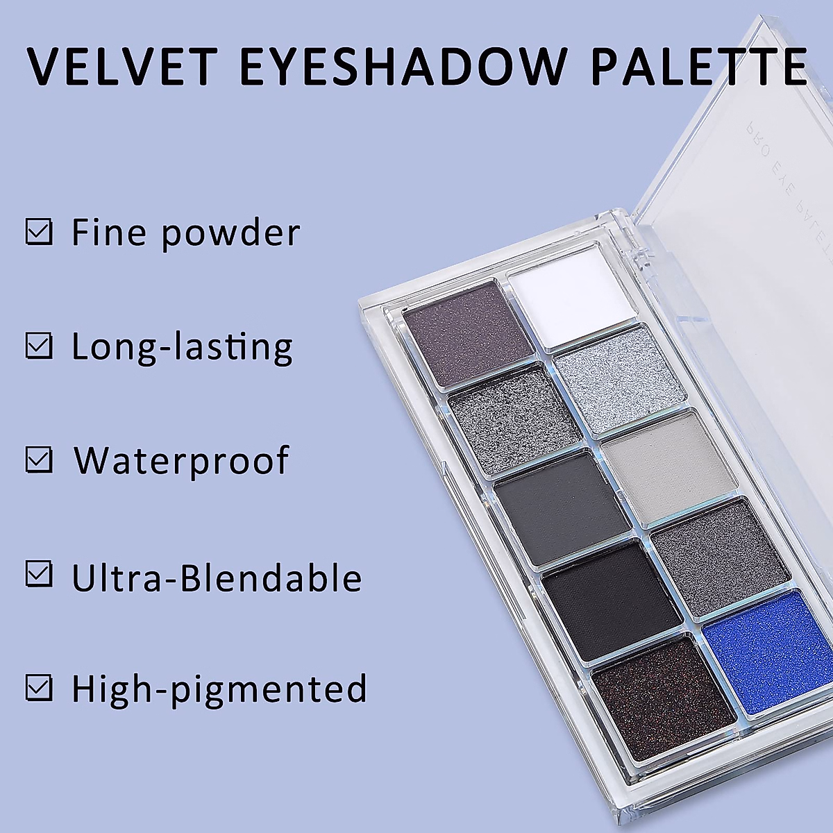 Erinde 10 Color Eyeshadow Palette Makeup - Matte Shimmer Glitter Eye Shadow, Ultra-Blendable, High Pigmented, Black Gray Blue Smokey Eyeshadow Palette with Professional Brush