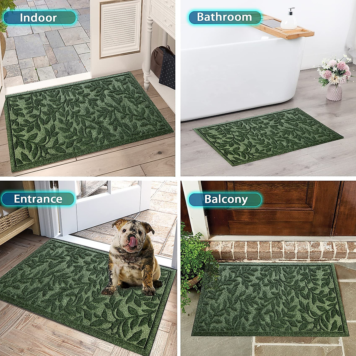 Bulijojo Outdoor Indoor Entrance Doormats,Durable Heavy Duty Welcome Mat,Thick Absorbent Natural Rubber Non Slip Mat,Easy Clean Entryway Rug 17x30 Inch Leaves Green