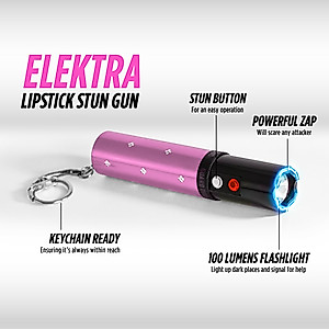 Lipstick Stun Gun for Women - Guard Dog Security Elektra Stun Gun for Self Defense, Maximum Voltage, 100 Lumen Flashlight with Keychain and Wall Charger (Pink)
