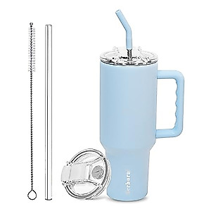 Serborni 40 oz Tumbler With Handle and 2 Straws Lid, Insulated Tumblers Stainless Steel, Upgraded Leak-Proof Lid For Hot and Cold Insulation Travel Coffee Cup Mug（Skyblue）