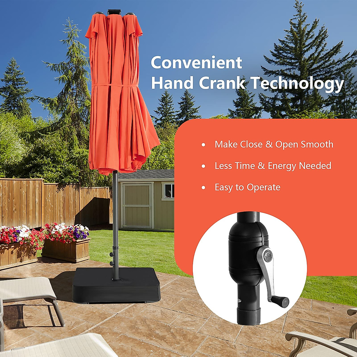 Tangkula 11 Pieces Patio Dining Set with 15ft Double-Sided LED Patio Umbrella (Base Included), Outdoor Rattan Furniture Set with 8 Stackable Chairs, Acacia Wood Dining Table and Umbrella (Orange)