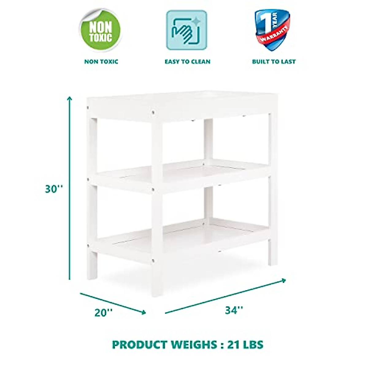 Dream On Me, Ridgefield Changing Table, White , 33.5x16x33.5 Inch (Pack of 1)