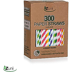 Zunii 300-Pack Multi-Color Biodegradable Paper Straws - 10 Bright Colors - Eco Friendly Straws for Juice, Soda, Cocktails, Shakes - Great for Birthday Parties, Bridal Showers, Cake Pop Sticks