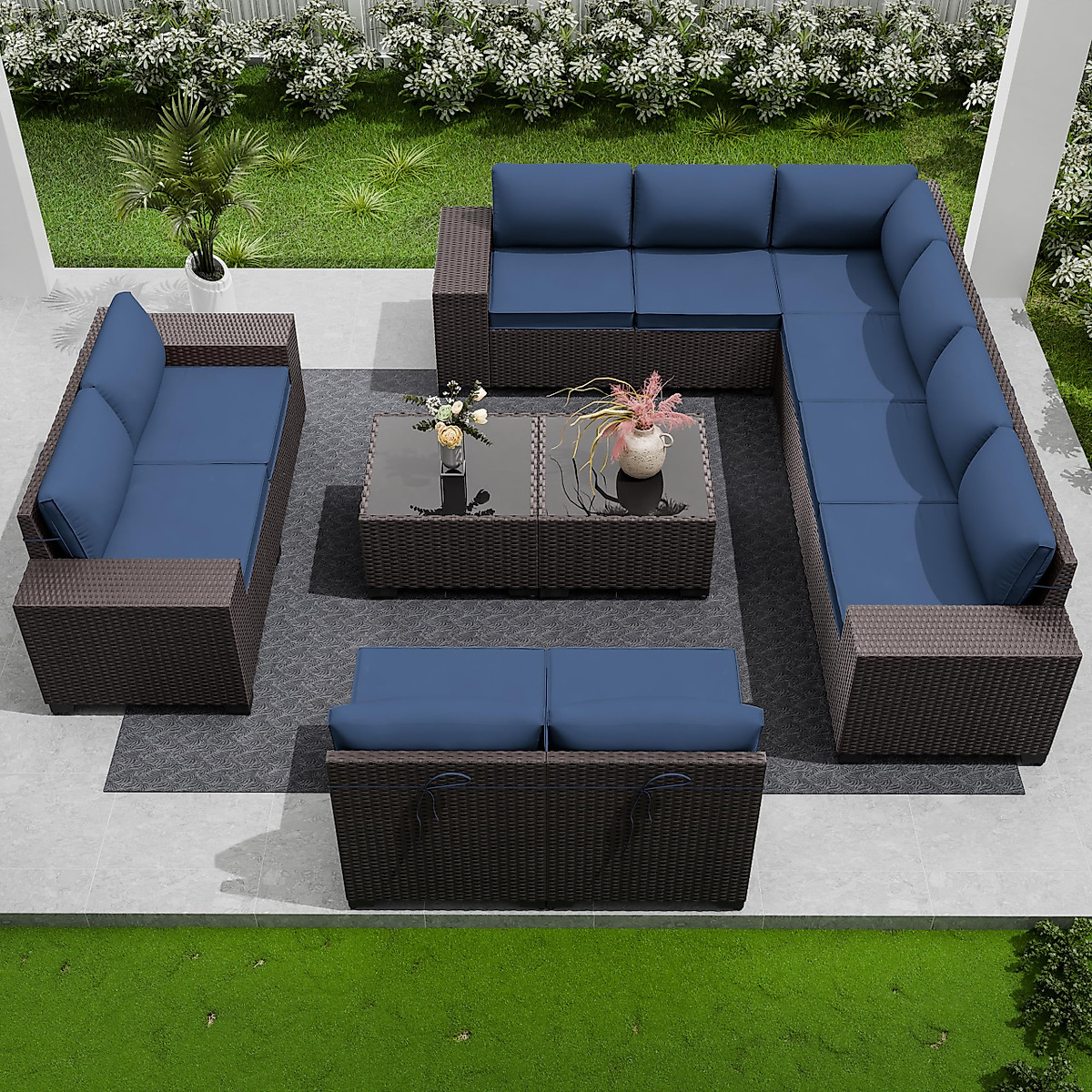 RTDTD Outdoor Patio Furniture Set, 12 Pieces Outdoor Furniture All Weather Patio Sectional Sofa PE Wicker Modular Conversation Sets with Coffee Table,10 Chairs & Seat Clips Dark Blue