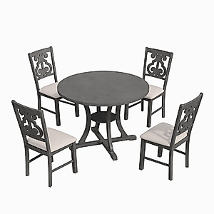 5 Piece Kitchen Table Set with Storage Shelf and Special-Shaped Legs, Retro Style Round Dining Table Set with Hollow Chair Back, Gray