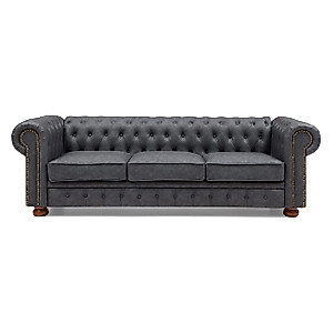 Chesterfield 3 Seater Faux Leather Sofa, Button Tufted Upholstered Couch with Nailhead Arms Removable Cushions Rubber Wood Legs for Living Room Office Apartment (Dark Gray)