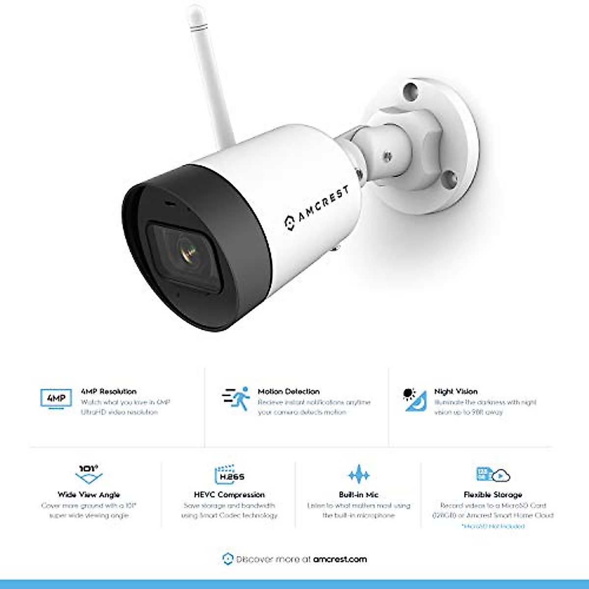 Amcrest SmartHome 4MP Outdoor WiFi Camera Bullet 4MP Outdoor Security Camera, 98ft Night Vision, Built-in Mic, 101° FOV, 2.8mm Lens, MicroSD Storage, REP-ASH42-W (White) (Renewed)
