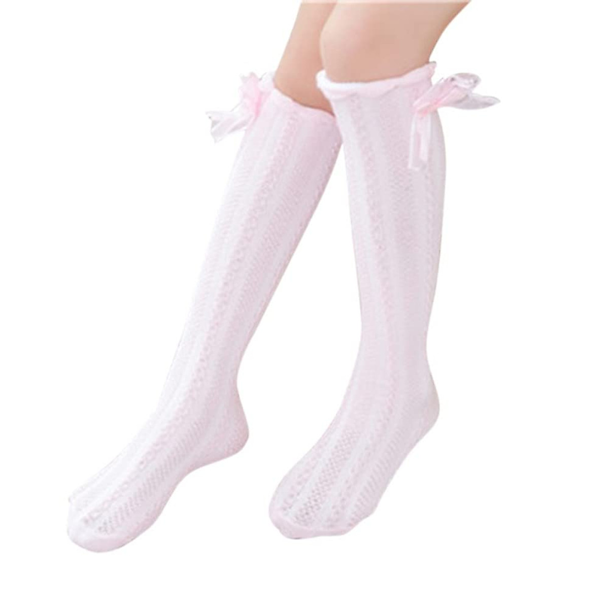 Toptim Little Girl's Knee High Socks Over Calf Kids Overknee Stockings Bow Style 3-12T(Pink/White/Grey/Black)
