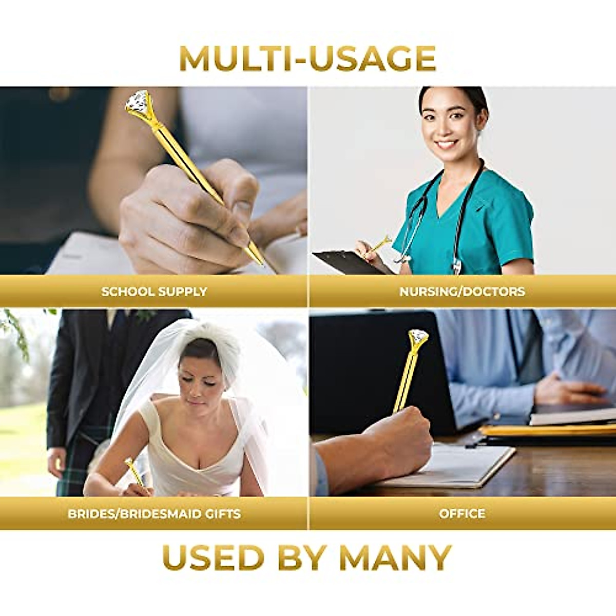 ETCBUYS Diamond Gold Metal Pens - Ballpoint Pens for Bridesmaids Gifts, Gold Fancy Pens, Office Decor for Women, Pens with Diamonds on Top | Metal Crystal Pen | Black Ink 12 Diamond Pens