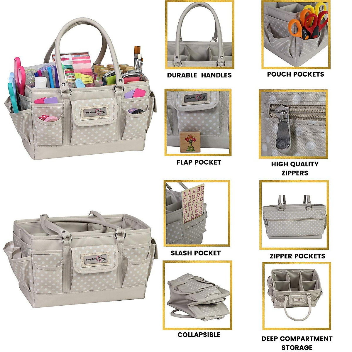 Everything Mary Craft Bag Organizer Tote, Tan Dot - Storage Art Caddy for Sewing & Scrapbooking - Crafts Supply Carrier for Supplies & Tools - Organization for School, Medical, Office