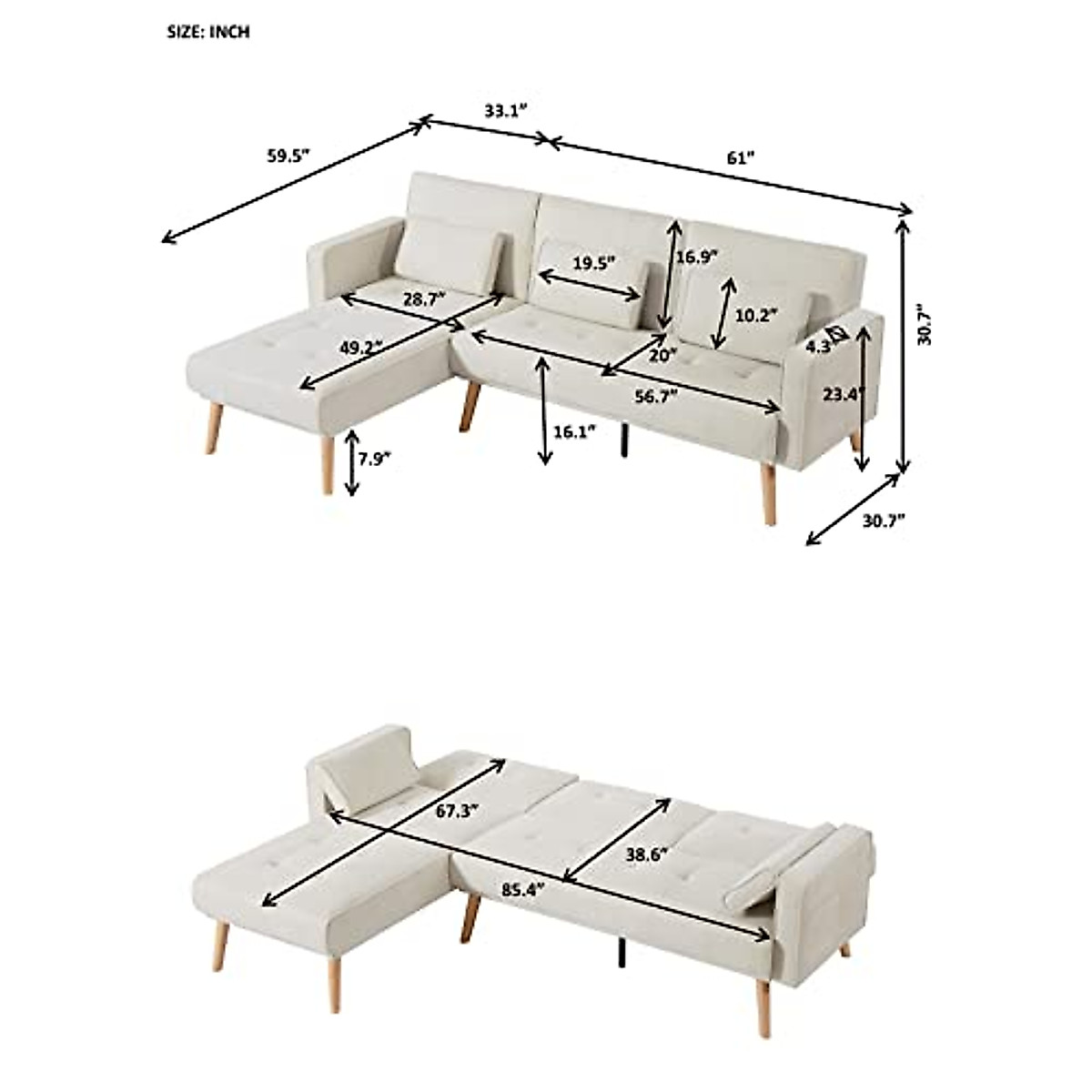 Antetek Convertible Linen Futon Sofa Bed, L-Shaped Sectional Sofa Couch with Left Chaise, Adjustable Backrest & 3 Toss Pillows, Mid-Century Modern Modular Sofa, Living Room Furniture Set (Beige)