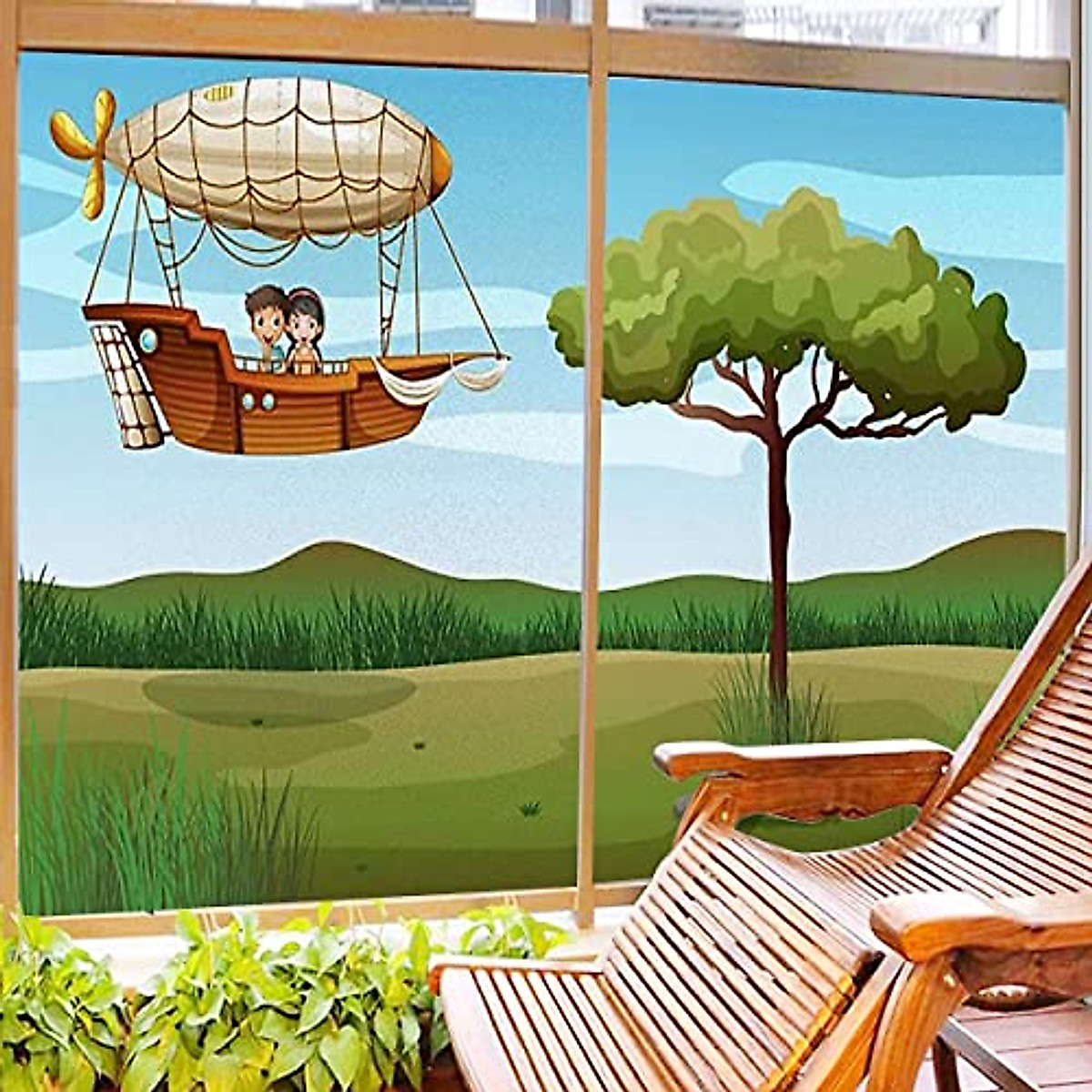 Blue Green Static Clung Window Film Frosted Stained Flower Glass Sticker for Privacy Explore Girl Boy New Adventures Hot Air Balloon Privacy Film 17.7Wx23.6L-inch x2 Pcs