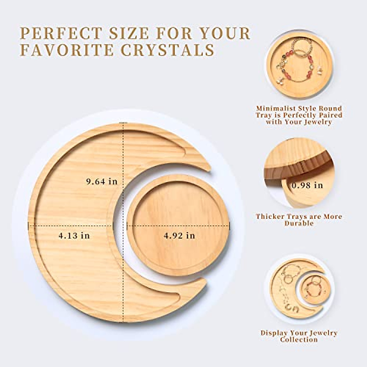 Spacmirrors Crystal Holder Moon Tray with Round Dish Display, Natural Pine Wooden Crystal Jewelry Essential Oil Tray Spiritual Boho Plate Wood Decor Tray for Stone, Nuts, Fruits