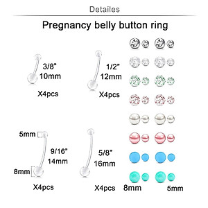 Longita Plastic Pregnancy Belly Button Rings Long Bar Navel Rings for Maternity Sport Pregnant Women Flexible Clear Belly Piercing Retainer Different Length bar and balls for Replacement 12-32mm