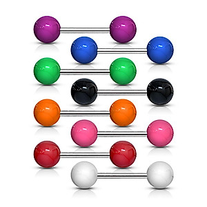 Forbidden Body Jewelry 14 g 16 mm Stainless Steel Nipple or Tongue Ring Barbell Set with Acrylic Balls (Pink)