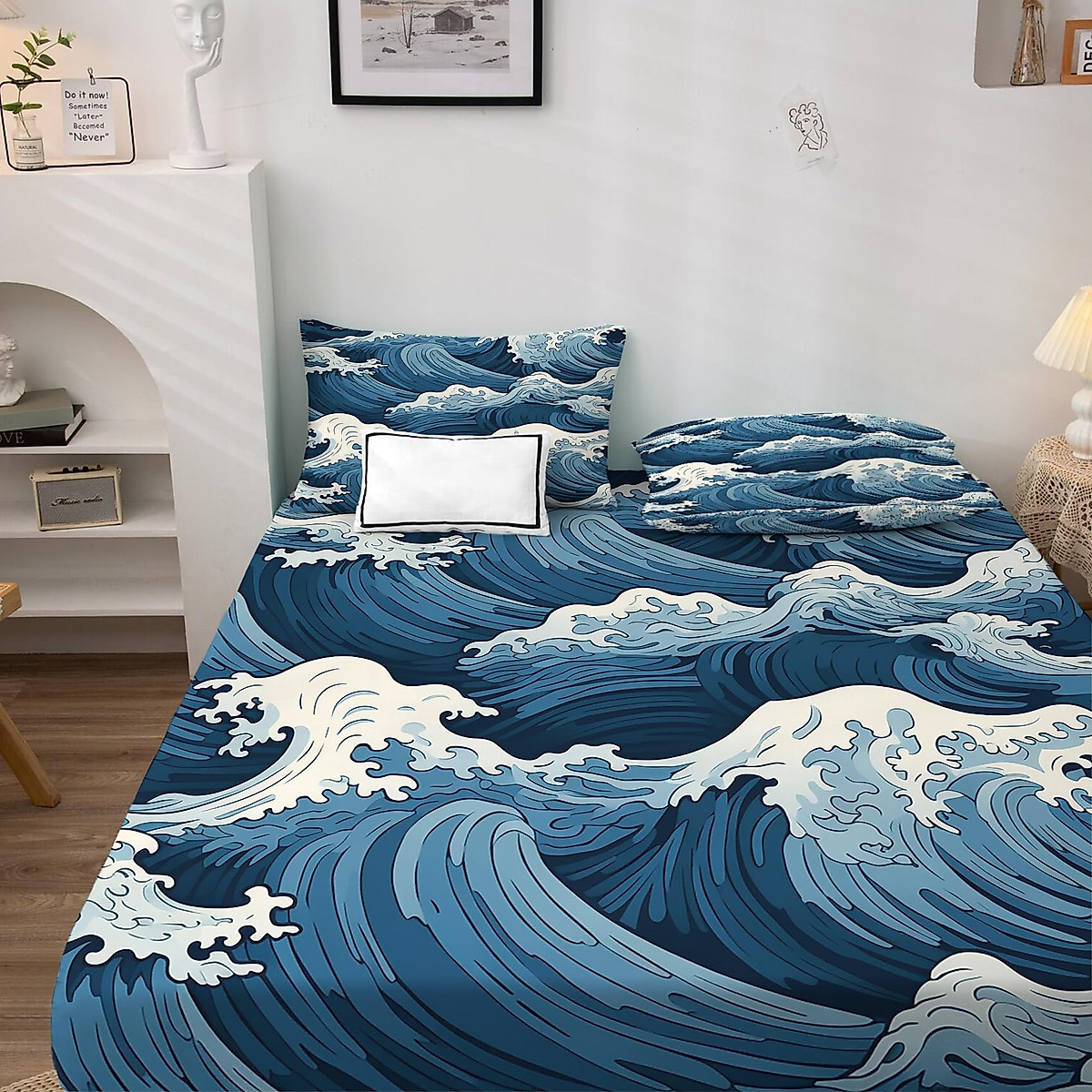 Sea Sheets Full Size, Wave Ocean Bed Sheets, Patterned Bedding Sheets & Pillowcases 4 Piece Set - Soft Microfiber Deep Pocket Fitted Sheet & Flat Sheet & 2 Pillow Cases L3-&-356