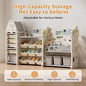 Pipleo Kids Toy Storage Organizer with 17 Removable Bins, 4-Tier Bookshelf for Kids, Multi-Purpose Castle-Shaped Toy Organizer for Playroom, Bedroom, Nursery, Living Room (Beige)