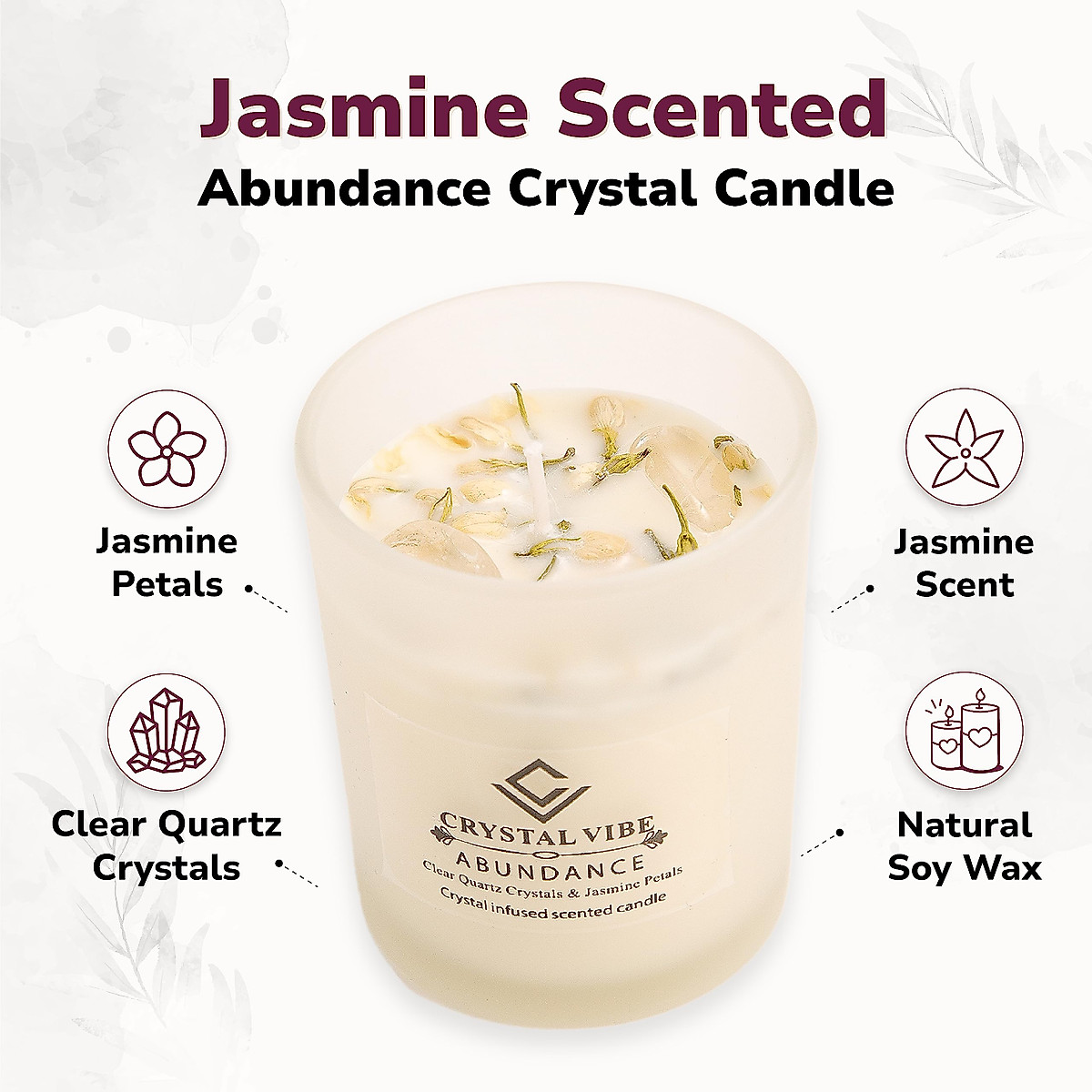 Crystal Vibe Jasmine Scented Candle With Clear Quartz Crystals and Jasmine Petals for Aromatherapy Mditation - Attract Abundance - Natural Soy Candle Gifts for Christams Birthdays