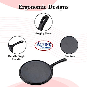 Alpine Cuisine Round Comal Cast Iron 10 Inch Seasoned Coating Black with Durable Single Handle – Comfortable Comal For Cooking, Even Heating & Versatile Kitchen Cookware Color Sleeve Bag Packing