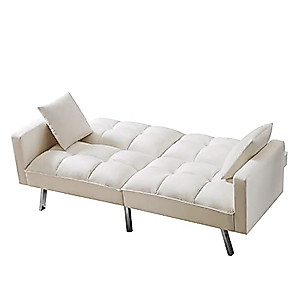 LCH Modern Tuft Futon Couch Convertible Loveseat Sleeper Reclining Sofa Bed Twin Size with Arms and 2 Pillows for Living Room, Beige