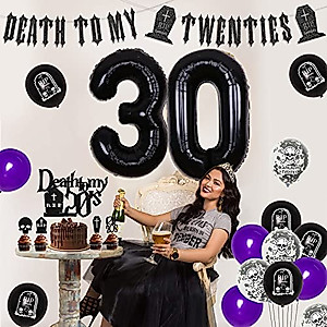 Death to My 20s Dirty 30 Birthday Decorations, Rip to My 20s Birthday Decorations, Black and Purple Balloons, Number 30 Balloon, Death to My 20s Banner Cake Topper Backdrop, Cupcake Toppers