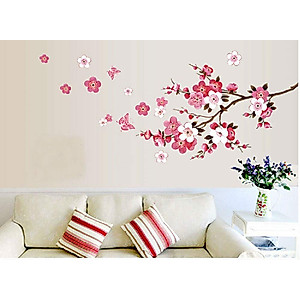 SWORNA Nature Series Branch Pink Flowers & Butterfly Removable Vinyl Mural Wall Art Decor Home Stickers Decals Bedroom/Hallway/Sitting/Living Room/Kids Nursery (29.5’’H X 65’’W, Brown & Pink,X-L)