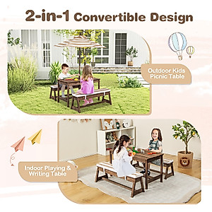 Kids Picnic Table Set with Benches and Umbrella, Foldable Wooden Table and Chair Set for Indoor and Outdoor Use, Playroom Furniture for Toddlers, Children, Baby (Brown)