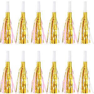 Gejoy 24 Pieces Glitter Metallic Fringed Noise Maker Musical Blowouts Whistle Fringed Party Blower Birthday Baby Shower New Year Party Favor Supplies