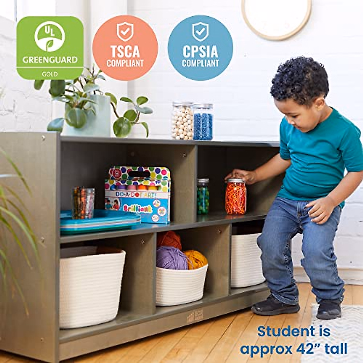ECR4Kids 5-Compartment Mobile Storage Cabinet, 24in, Classroom Furniture, Grey Wash