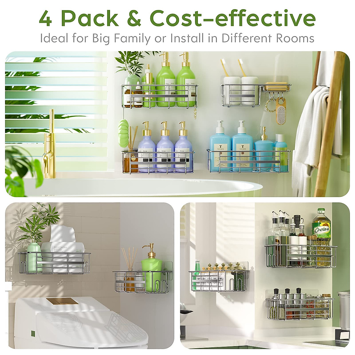 TOPCHASE Shower Caddy Shower Organizer, 4 Pack Shower Shelves for Inside Shower, Rustproof Adhesive Shower Storage Rack With Built-in Soap Dish, Large Capacity, Silver Bathroom Organizer for Shower