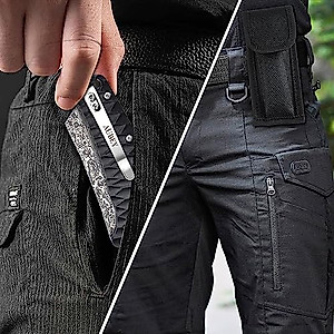 AUBEY EDC Damascus Pocket Knife, 3.34 inch Damascus Steel Hollow Grind Blade, Folding Knife with Liner Lock, Ball Bearing, Aluminum Non-Slip Handle, Damascus Knife for Outdoor Camping Hunting (Black)